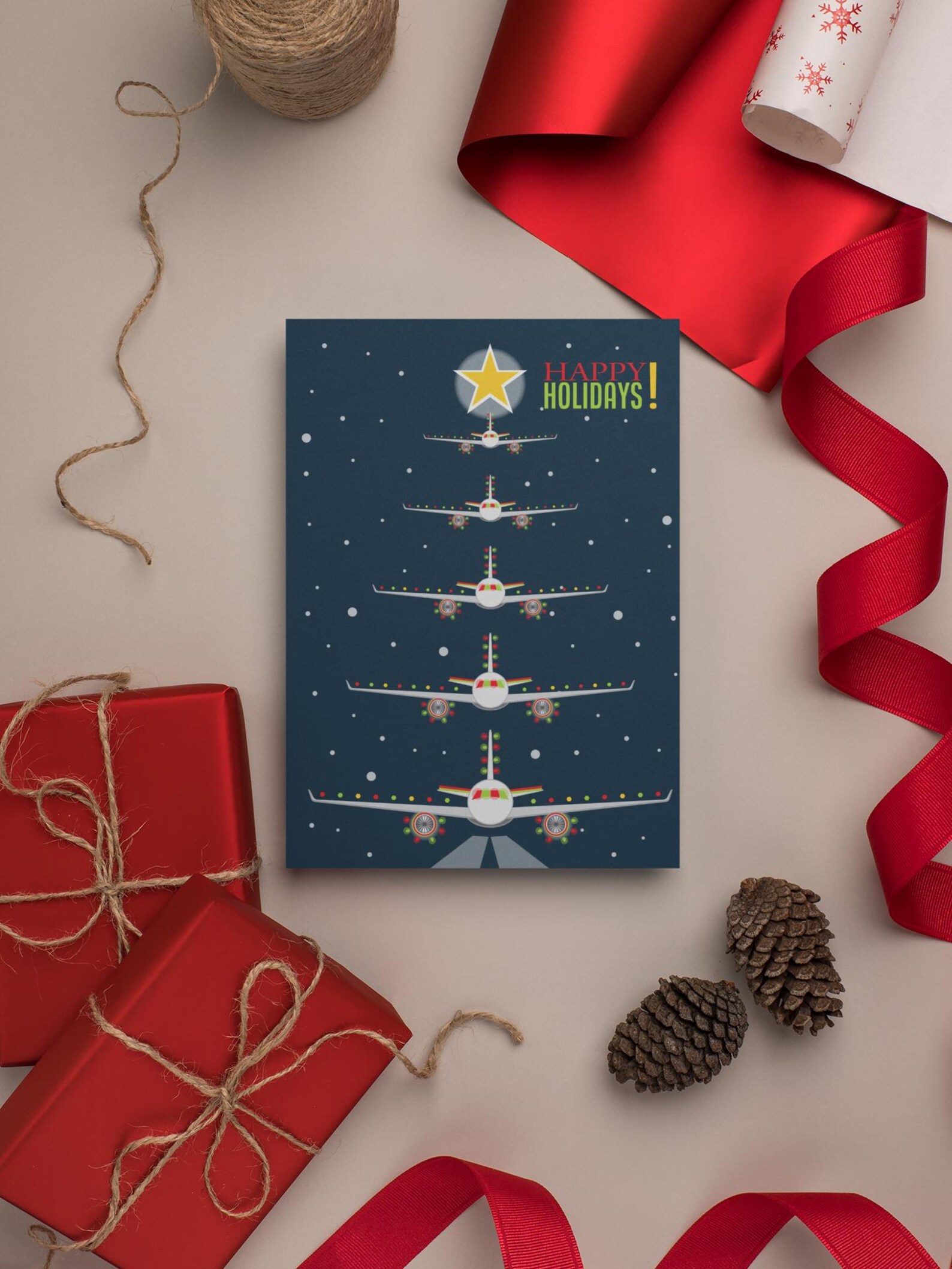 Airplanes Landing Christmas Tree Holiday Card - 12 Cards With Envelopes ...