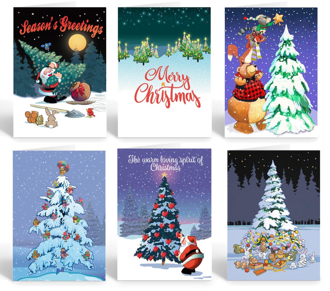 Assorted Christmas Trees Card Holiday Card - 12 Cards With Envelopes ...