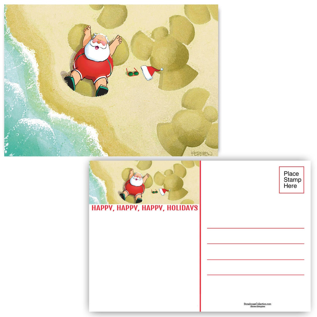 Santa Making Sand Angels Christmas Postcard - 40 Holiday Postcards ...