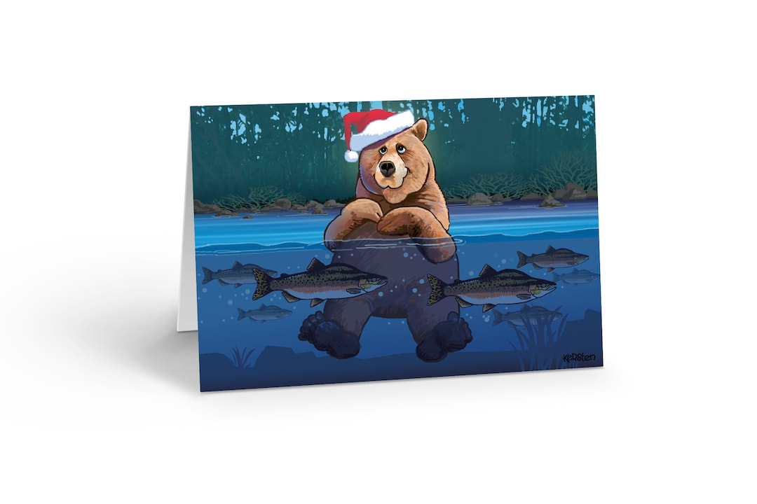 Bear & Salmon Christmas Card - 18 Cards and Envelopes - 20108 - Etsy