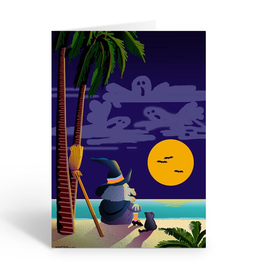 Beach Witch Halloween Card Set: Full Moon Greeting Cards, 12 Pack - Etsy
