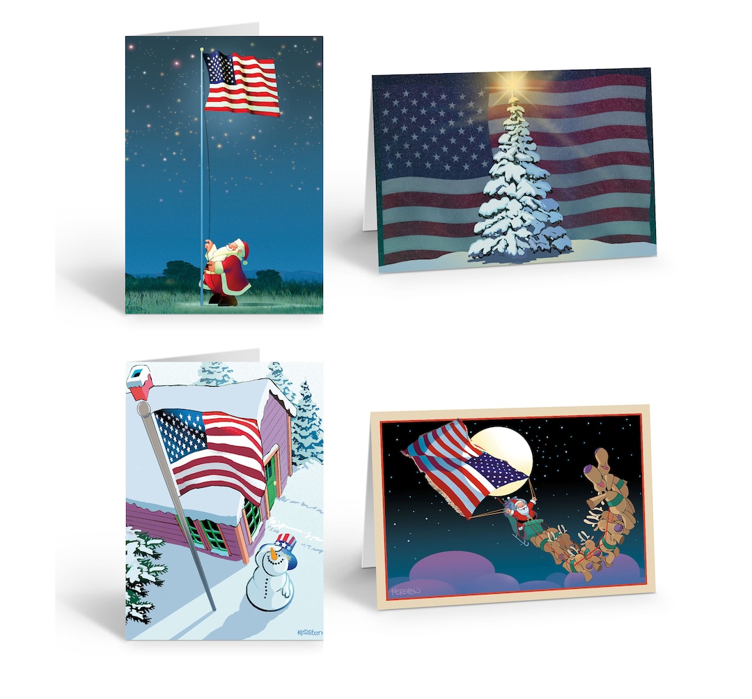 Assorted Patriotic Christmas Cards - 16 USA Flag Holiday Cards ...