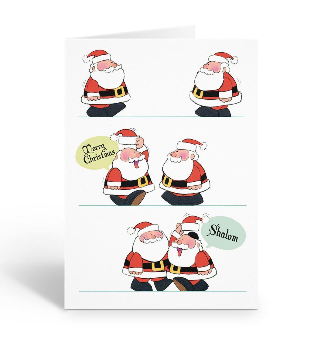 Santa Greeting Another Santa Wearing a Kippah Cute Holiday Card - 12 ...