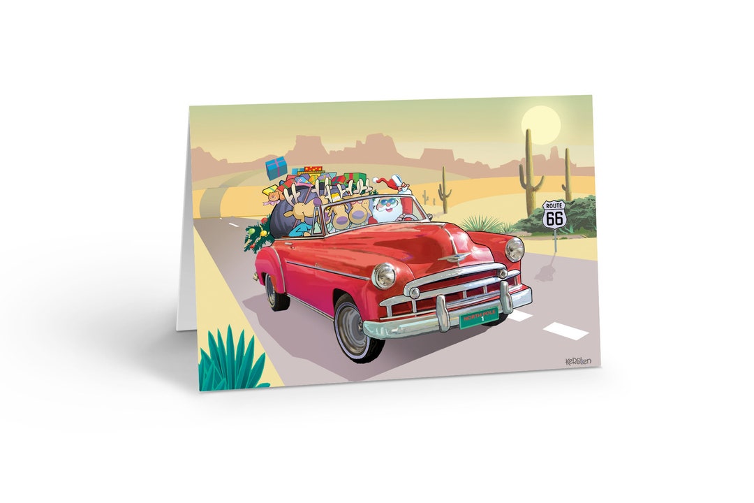 Santa's Classic Red Car Christmas Card - 18 Western Cards and Envelopes ...