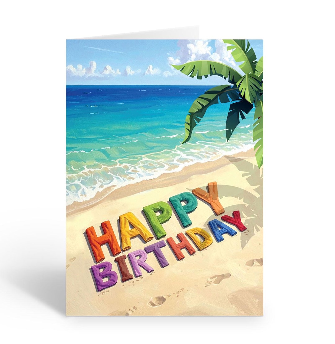 Colorful Beach Birthday Card – Happy Birthday Message, Sand and Ocean ...