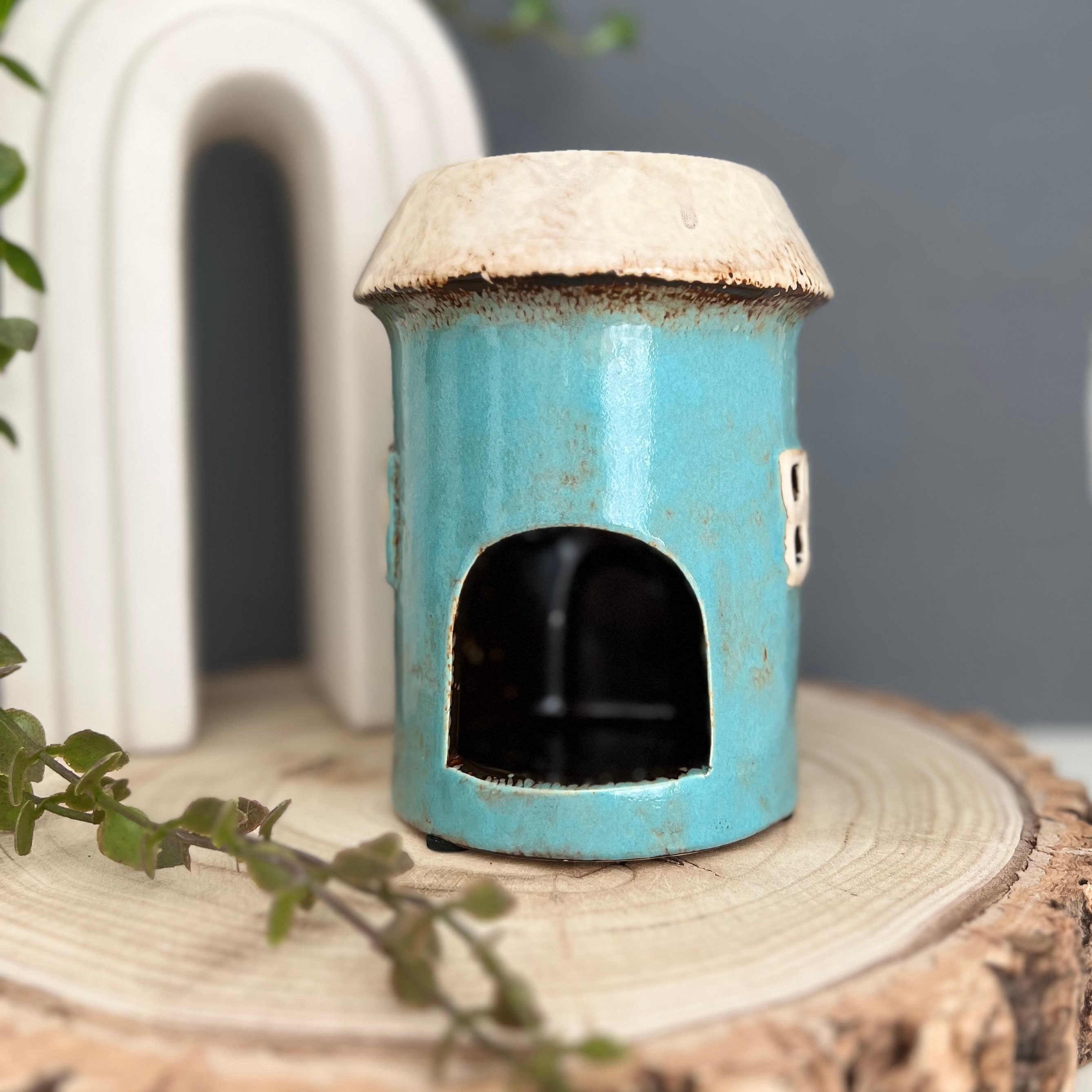 Teal Retro Village Pottery Ceramic House Tea Light Holder Oil - Etsy UK