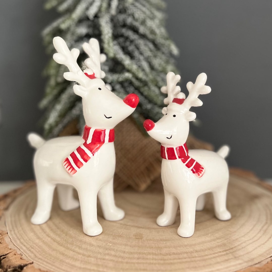 Set 2 White Ceramic Reindeer Christmas Decoration Cute Red Scarf Deer ...
