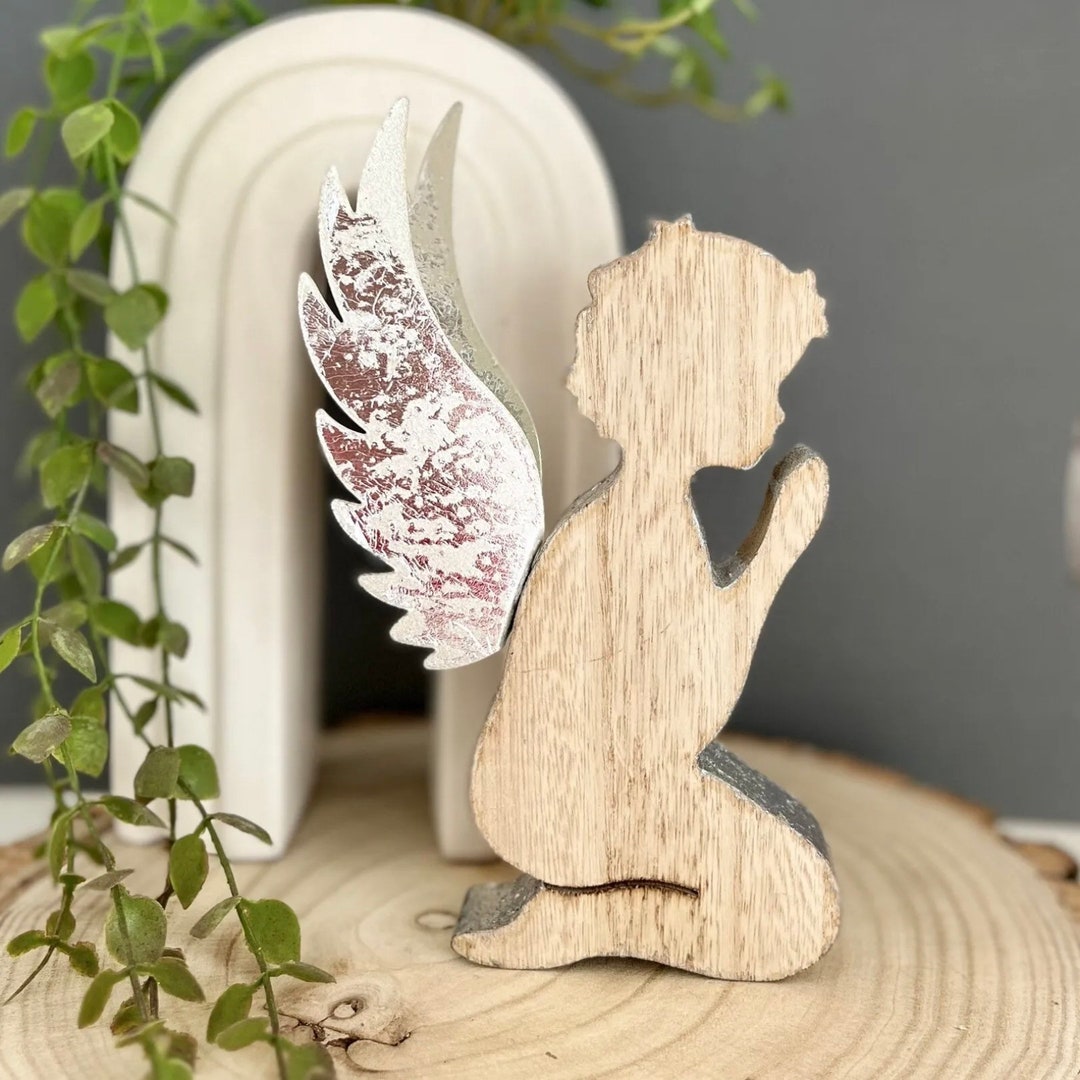 Wooden Angel Ornament Silver Metal Angel Wings Figurine Guardian Angel ...