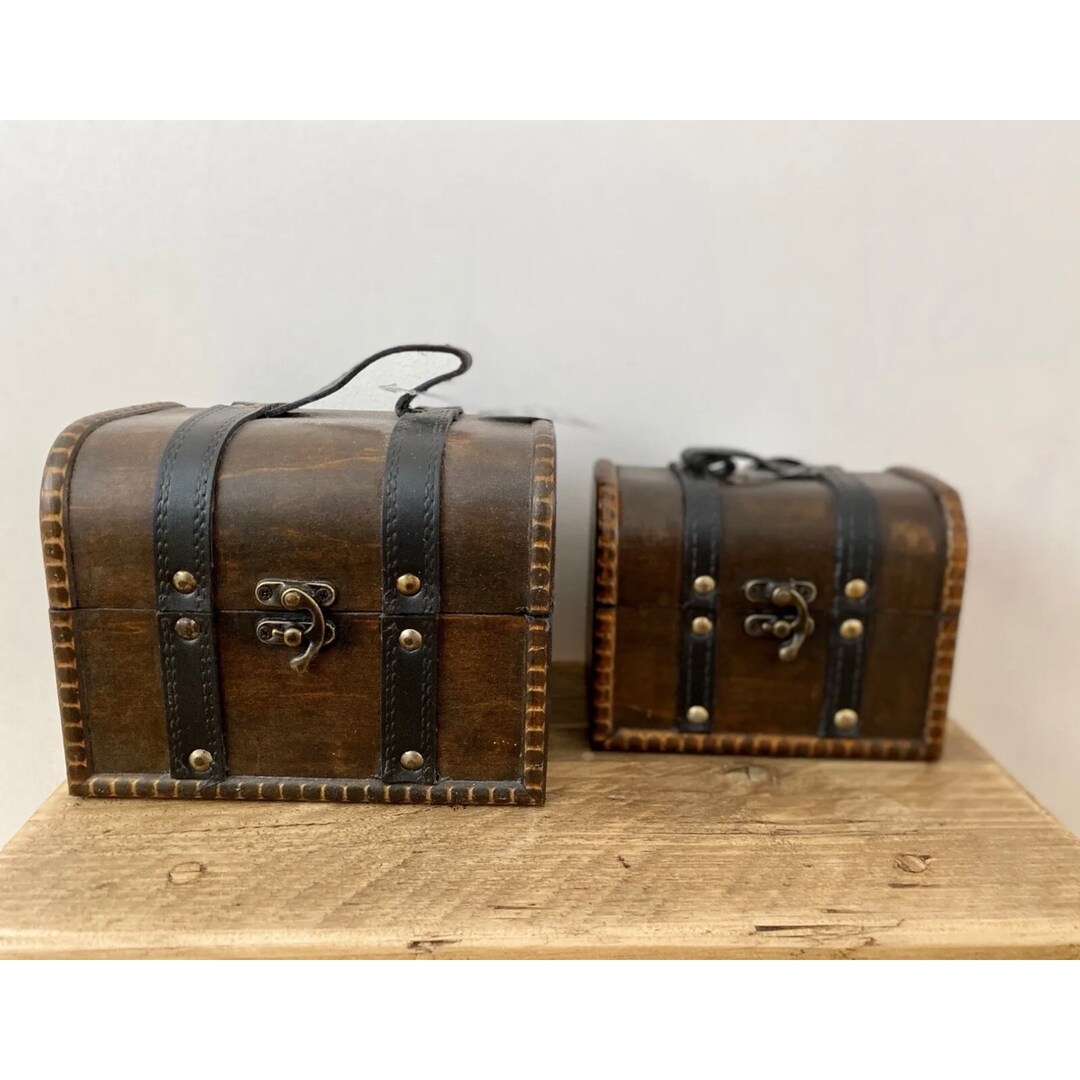 Set Vintage Wooden Holder Pirate Storage Box Treasure Chest Jewellery ...