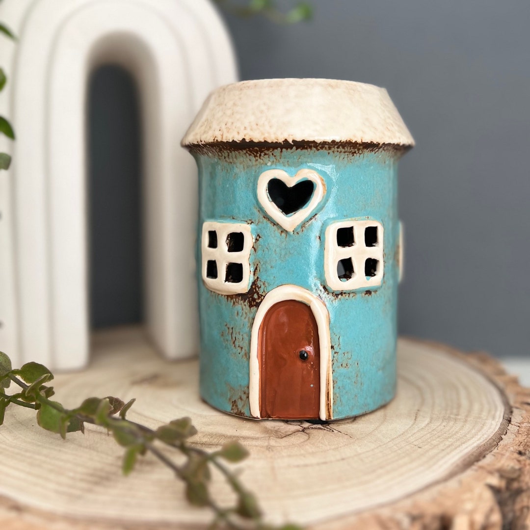 Teal Retro Village Pottery Ceramic House Tea Light Holder, Oil Burner ...