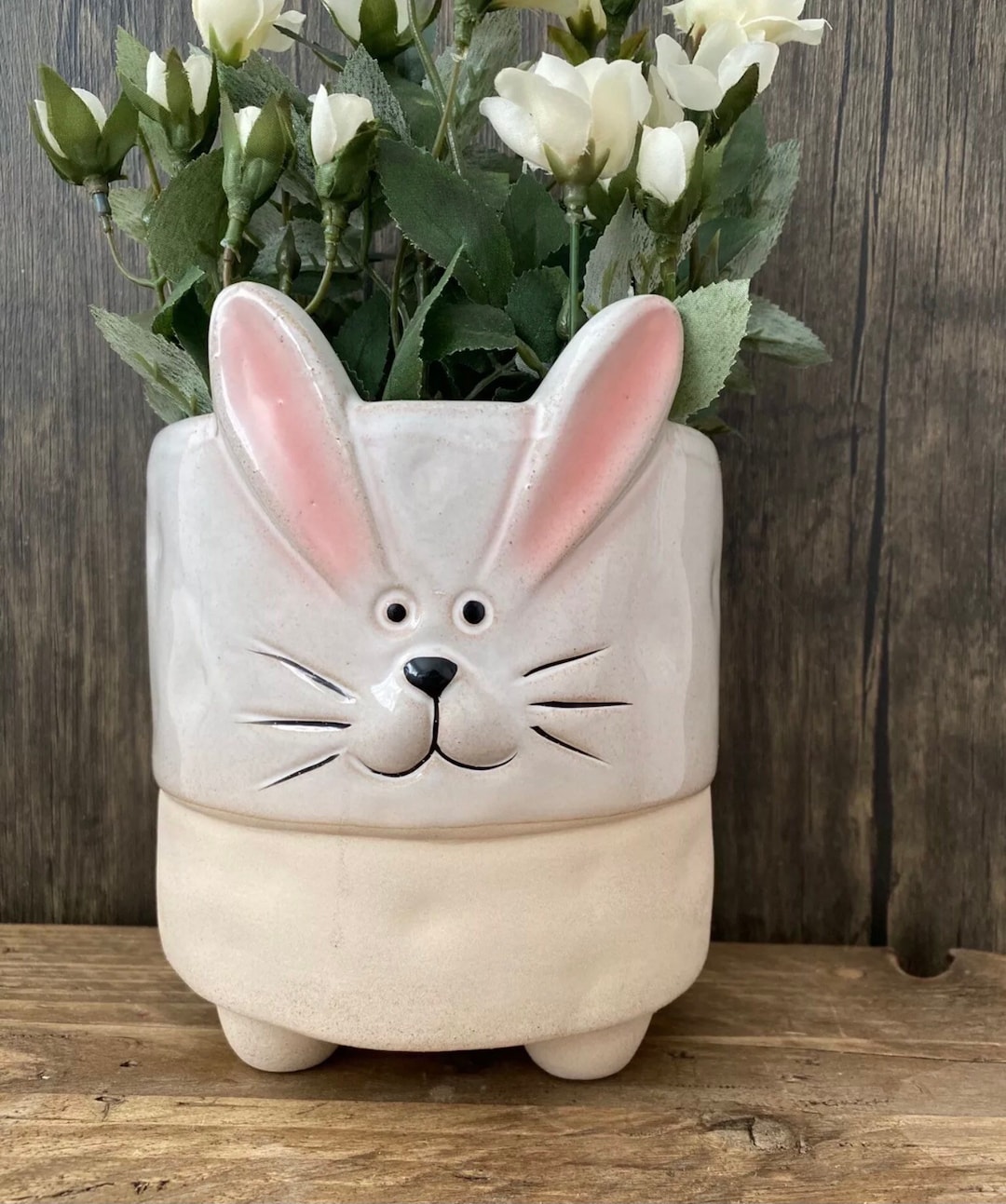 White Ceramic Planter Pottery Plant Pot Cover Bunny Rabbit Flower Pot ...