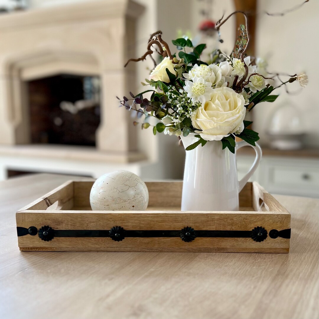 Vintage Wooden Rectangle Tray With Handles, Rustic Mango Wood Serving ...