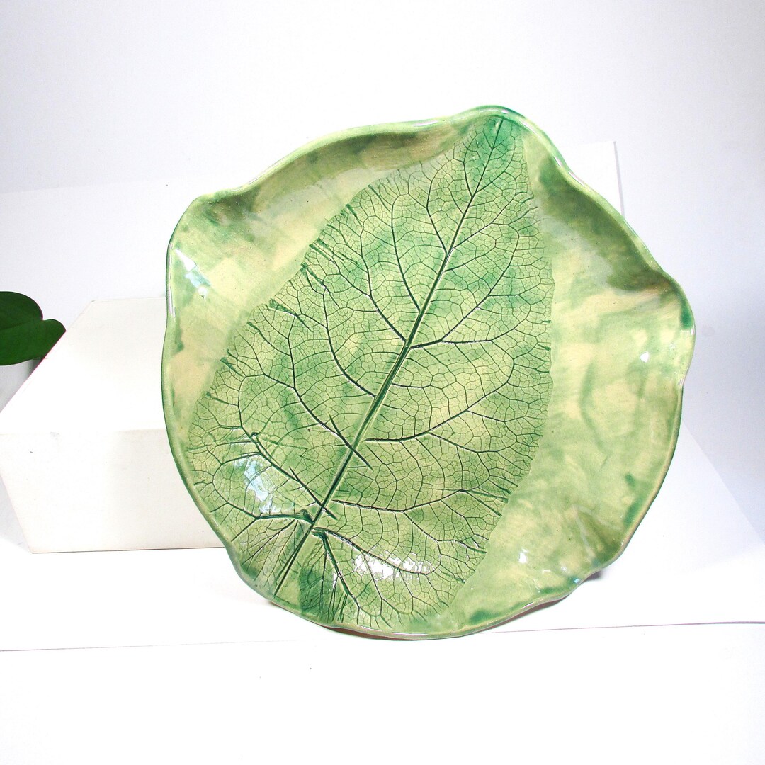 Ceramic Serving Platter, Leaf Imprint Pottery Fruit Bowl, Large Party ...