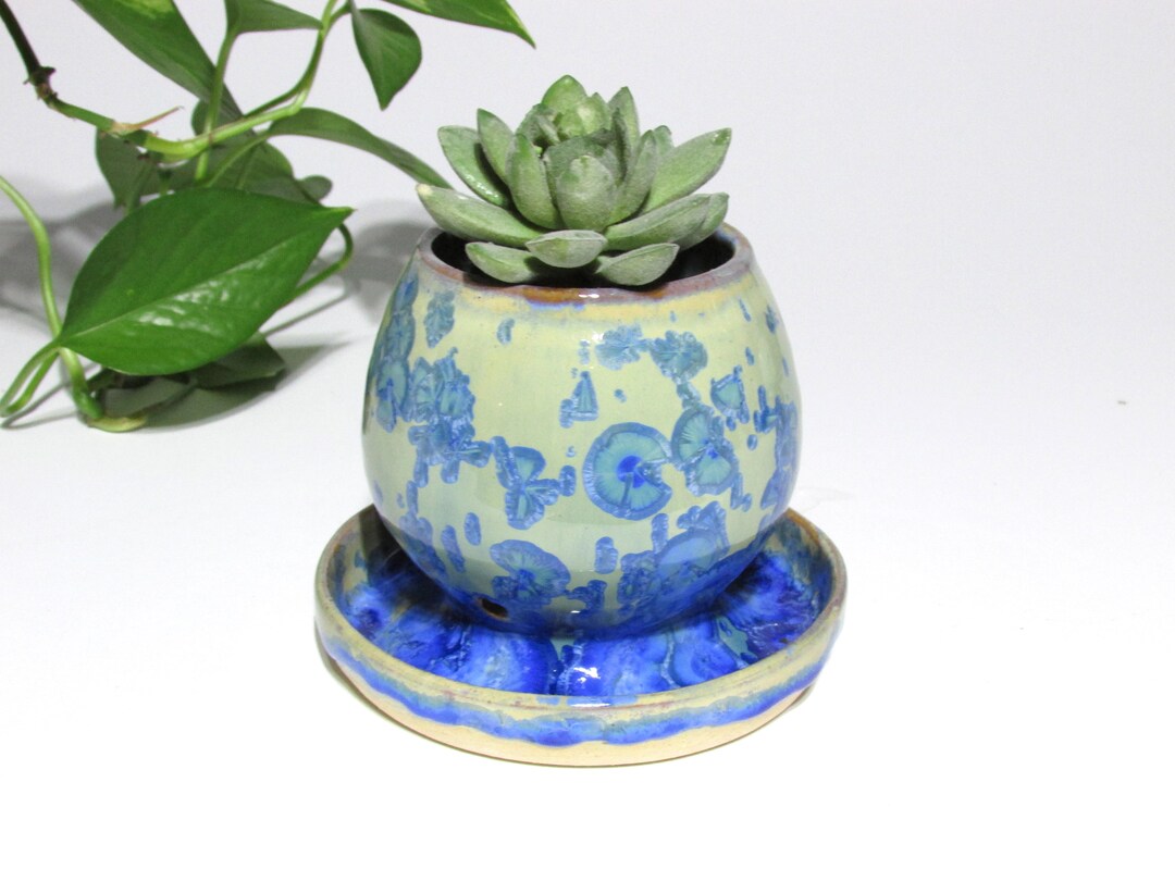 Ceramic Planter, Blue Crystalline Glazed Pottery, Succulent Planter ...