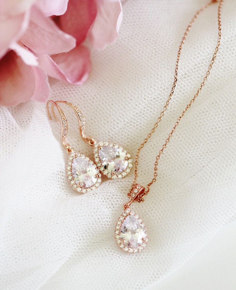 Collar de oro rosa Collar de boda de oro rosa CZ Collar de - Etsy España