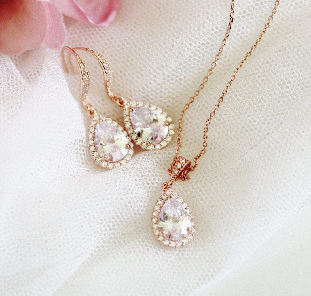 Rose Gold Bridal Jewelry Set: Crystal Teardrop Necklace and Earrings - Etsy