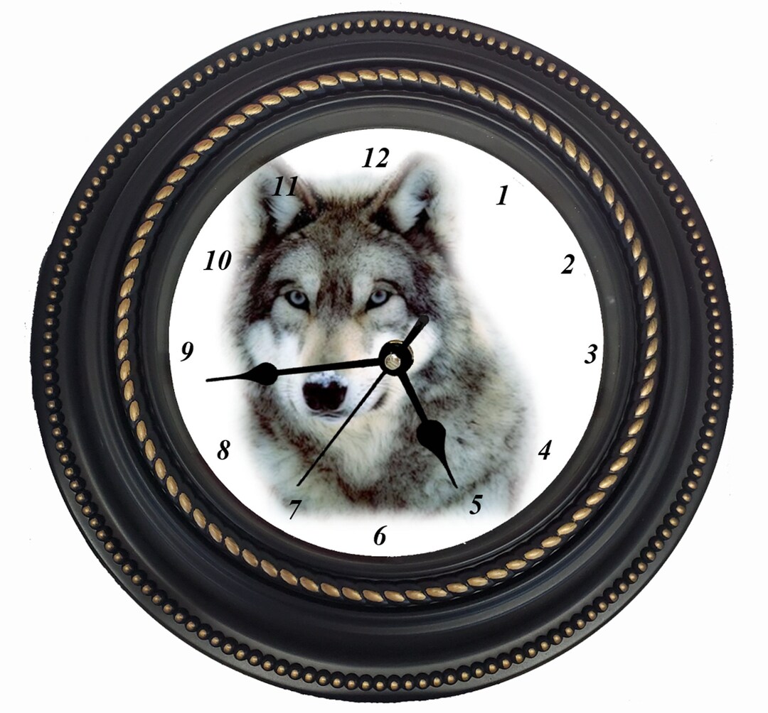 Wolf Clock 12" Round With Gold Trim - Etsy