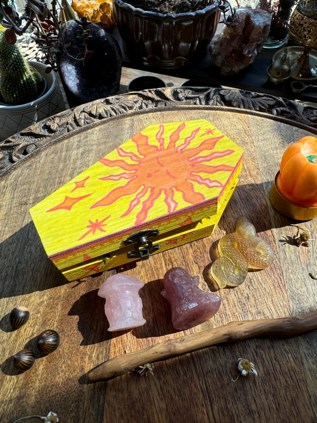 Hand Painted Sunshine Coffin With Crystals » Yellow Fluorite Snake ...