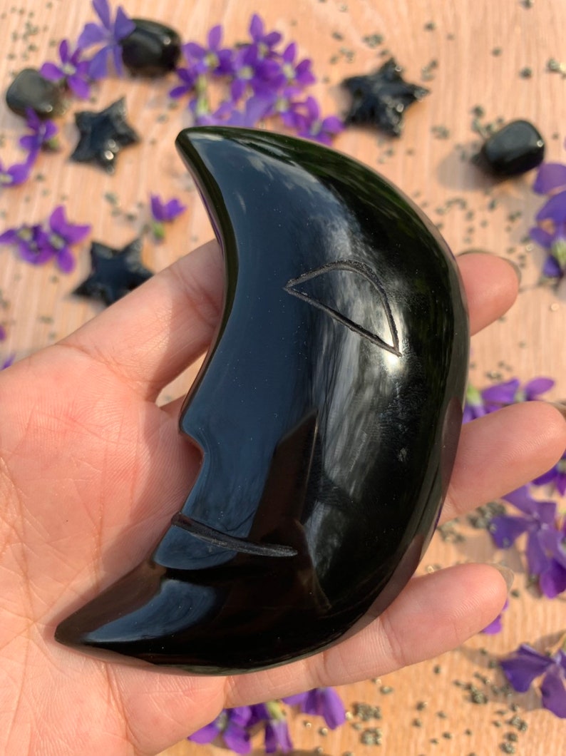 Hand Carved Obsidian Moon // Crystal Crescent Moon // Obsidian - Etsy