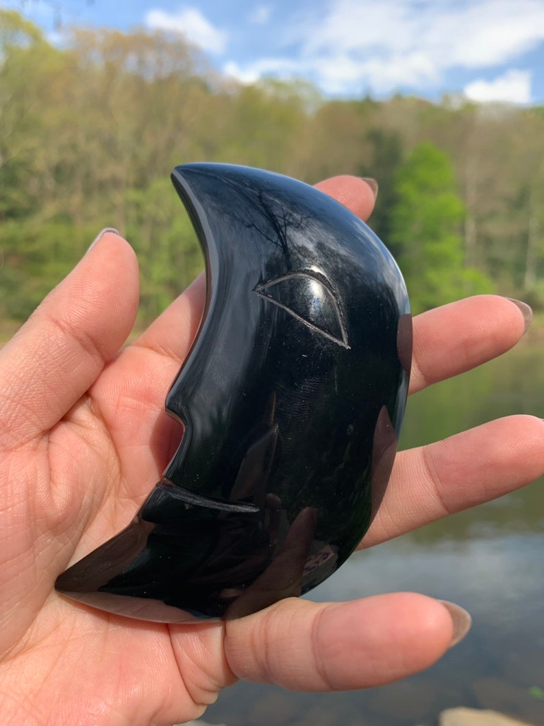 Hand Carved Obsidian Moon // Crystal Crescent Moon // Obsidian | Etsy