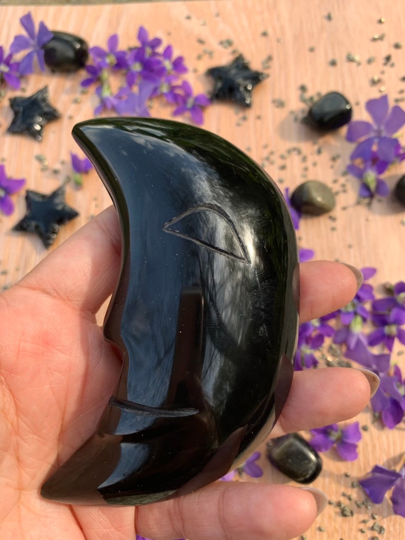 Hand Carved Obsidian Moon // Crystal Crescent Moon // Obsidian | Etsy