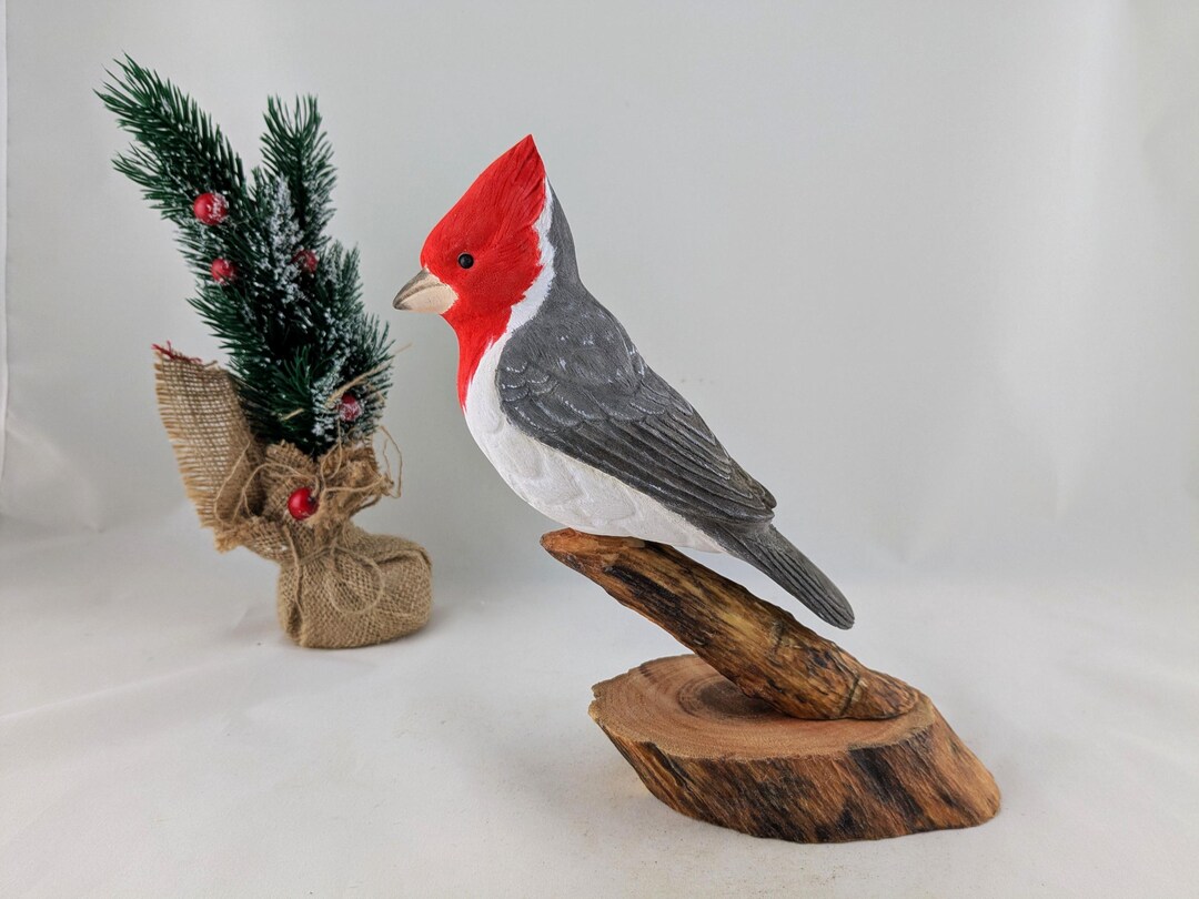 Red Crested Cardinal Wood Carving Songbird Sculpture Shelf Decor, Wood ...