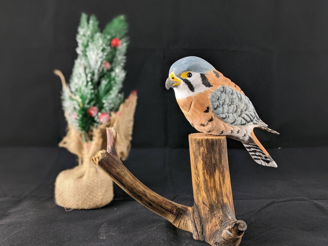 American Kestrel Lodge Decor, Bird Wood Carving, Figurine Bird Decor ...