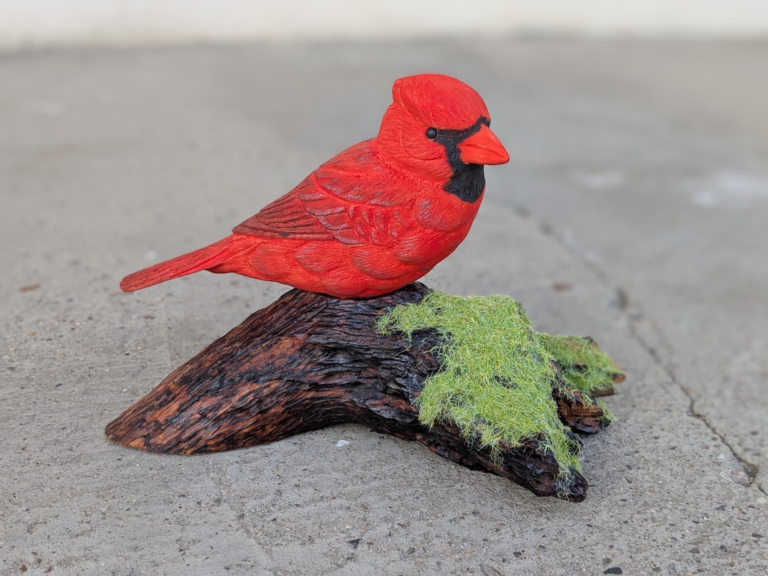 Red Cardinal Bird Wood Carving, Carved Songbird Figurine, Cardinal Bird ...