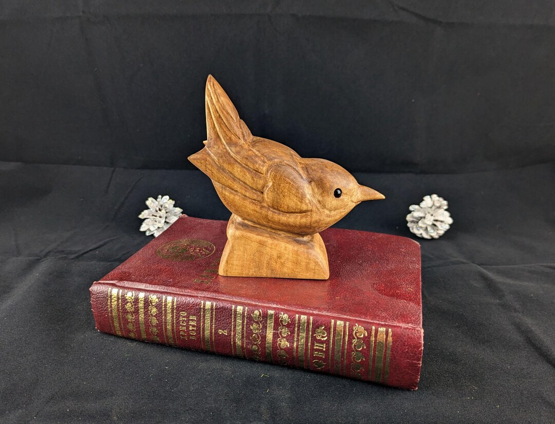Carved Wren Bird Lovers, Wooden Bird, Stylized Wood Wren Carving ...