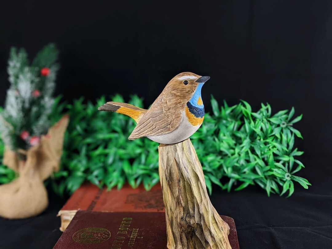 Handcrafted Bluethroat Songbird Wood Carving on Driftwood Log, Carved ...