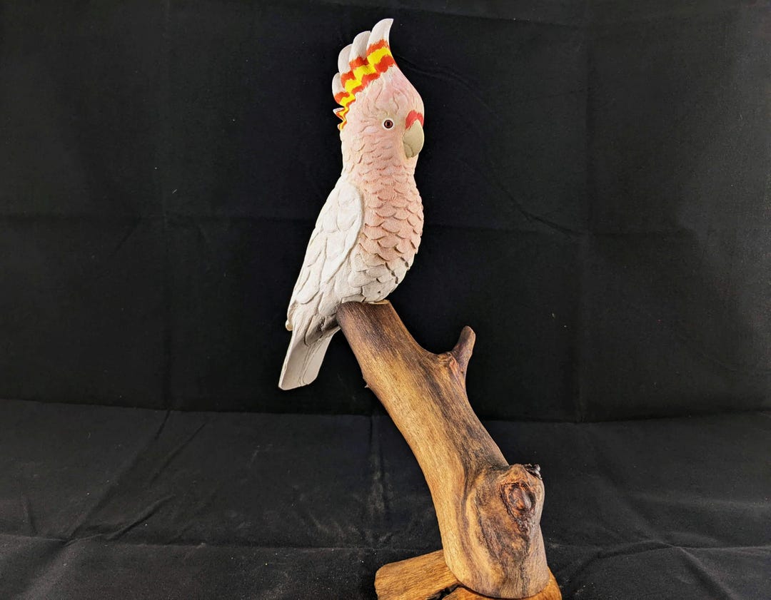 Hand-carved Pink Cockatoo Wood Sculpture: Major Mitchell's Parrot Decor ...