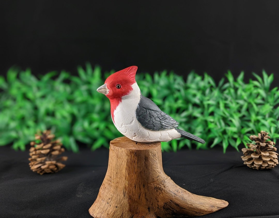 Red Crested Cardinal Wood Carving, Carved Songbird Figurine, Wood Bird ...
