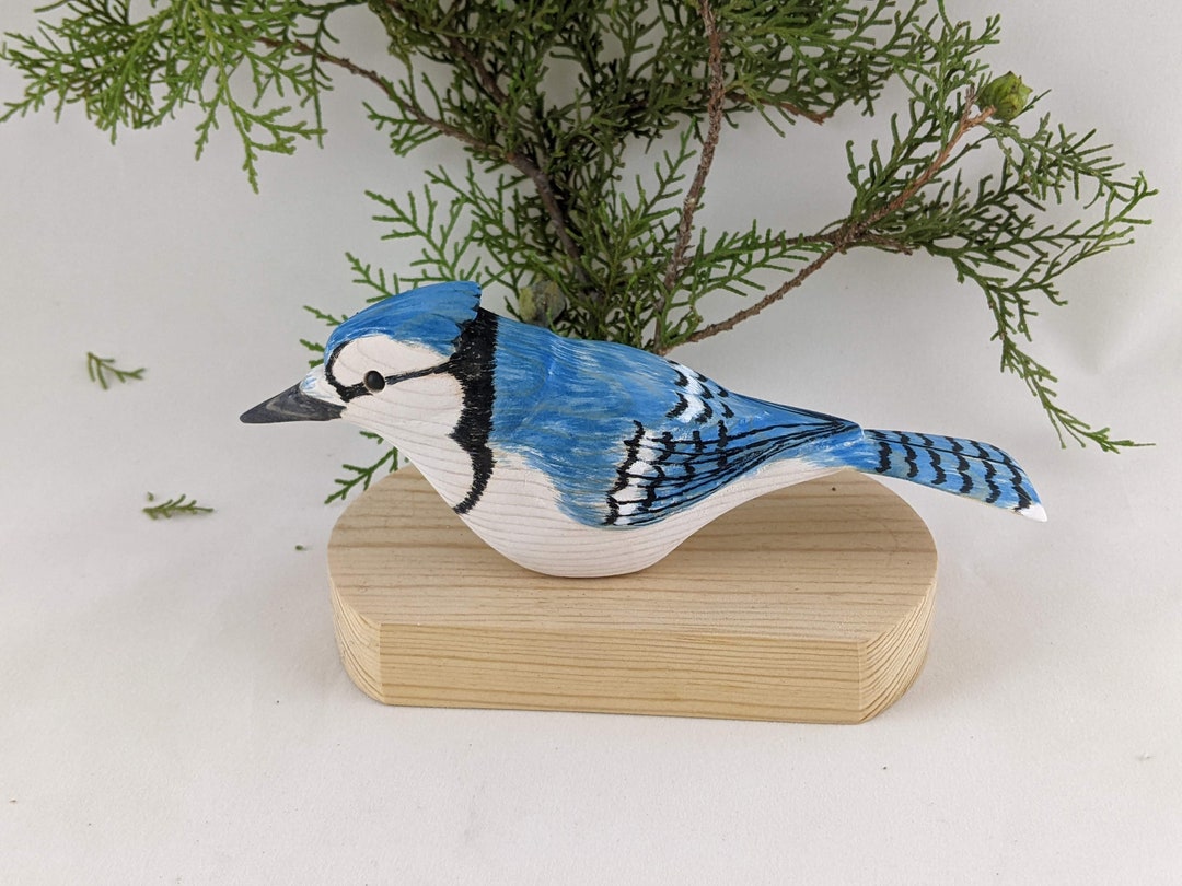 Handcrafted Blue Jay Wood Carving, Lifelike Avian Sculpture, Unique ...