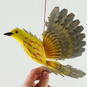 Carved Wood Fan Bird Carving Yellow Warbler Woodland Mobile | Etsy