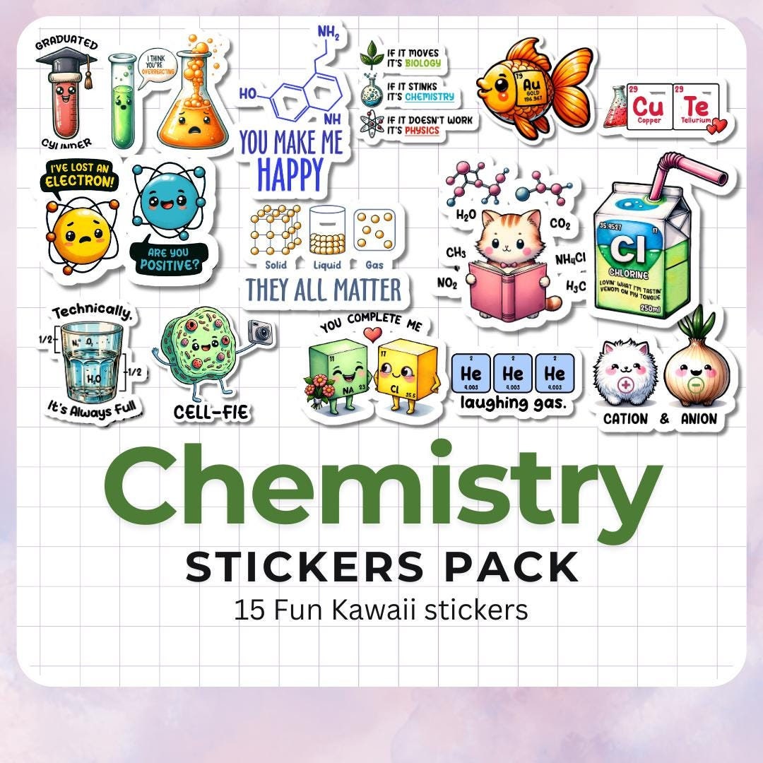 Funny Chemistry Kawaii Sticker Pack: Science Pun Vinyl Decals (15 ...