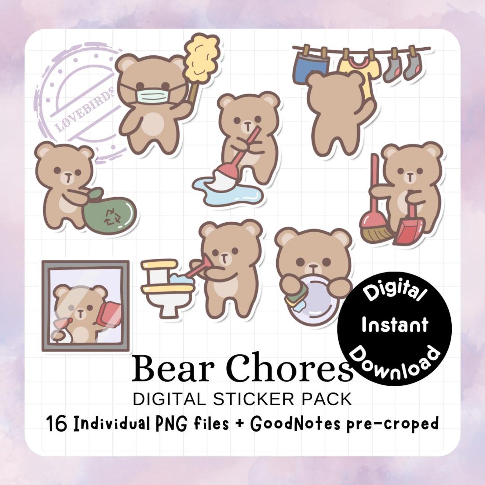 Kawaii Bear Chores / Cute Clip Art / Digital Sticker Pack / Goodnotes ...