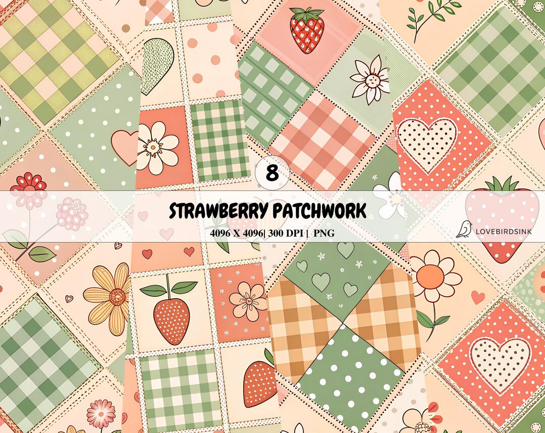 Strawberry Patchwork Digital Paper | Cottagecore Quilt Pattern (digital ...