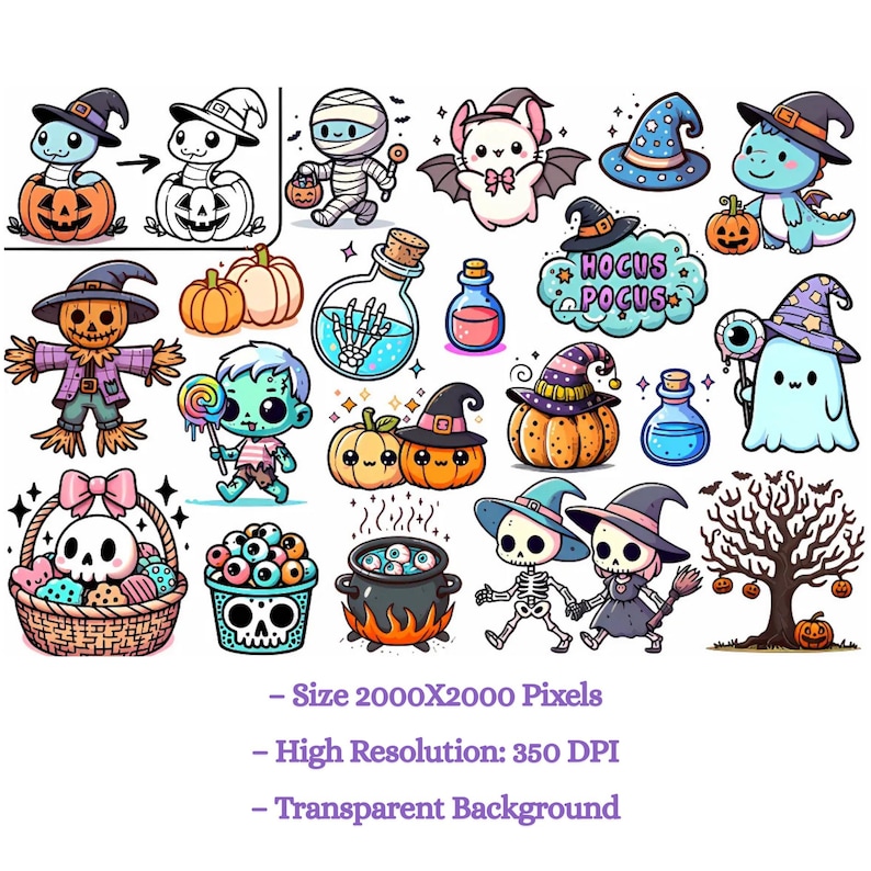 Kawaii Halloween Clipart: Cute Doodle PNG Stickers (digital Download ...