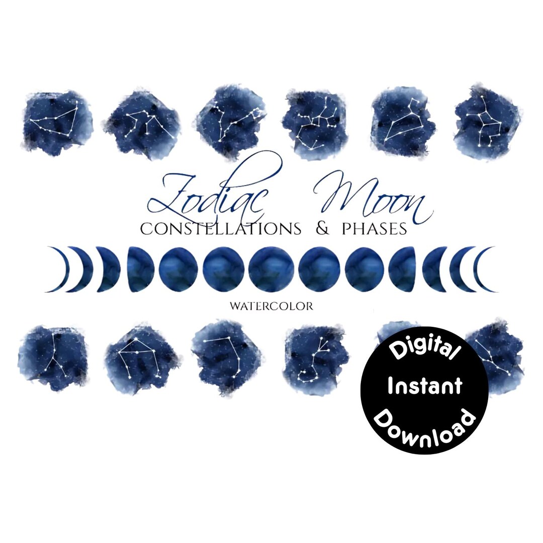 Zodiac Sign / Watercolor Clip Art / Moon Phases / Moon Clip Art ...