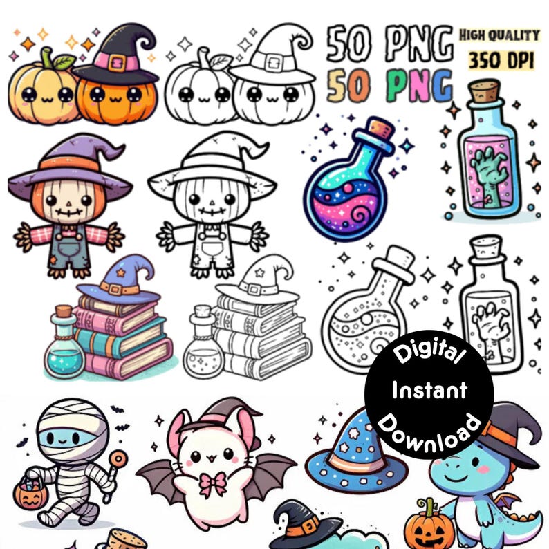 Kawaii Halloween Clipart: Cute Doodle PNG Stickers (digital Download ...