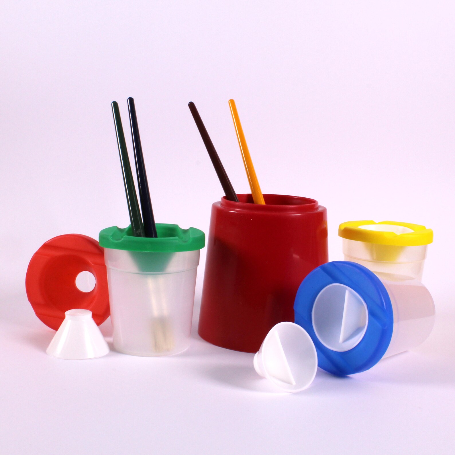 Plastic Small & Large Non Spill Water Cup Paint Pot Set With 4 Brushes ...