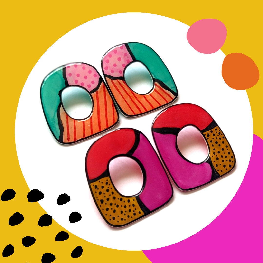 Hand Painted Abstract Stud Earrings, Multicolour Geometric Ear Studs ...