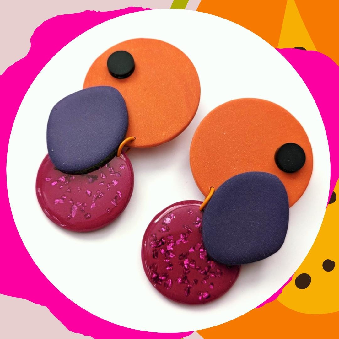 Colourful Geometric Colour Block Earrings, Large Abstract Handmade ...