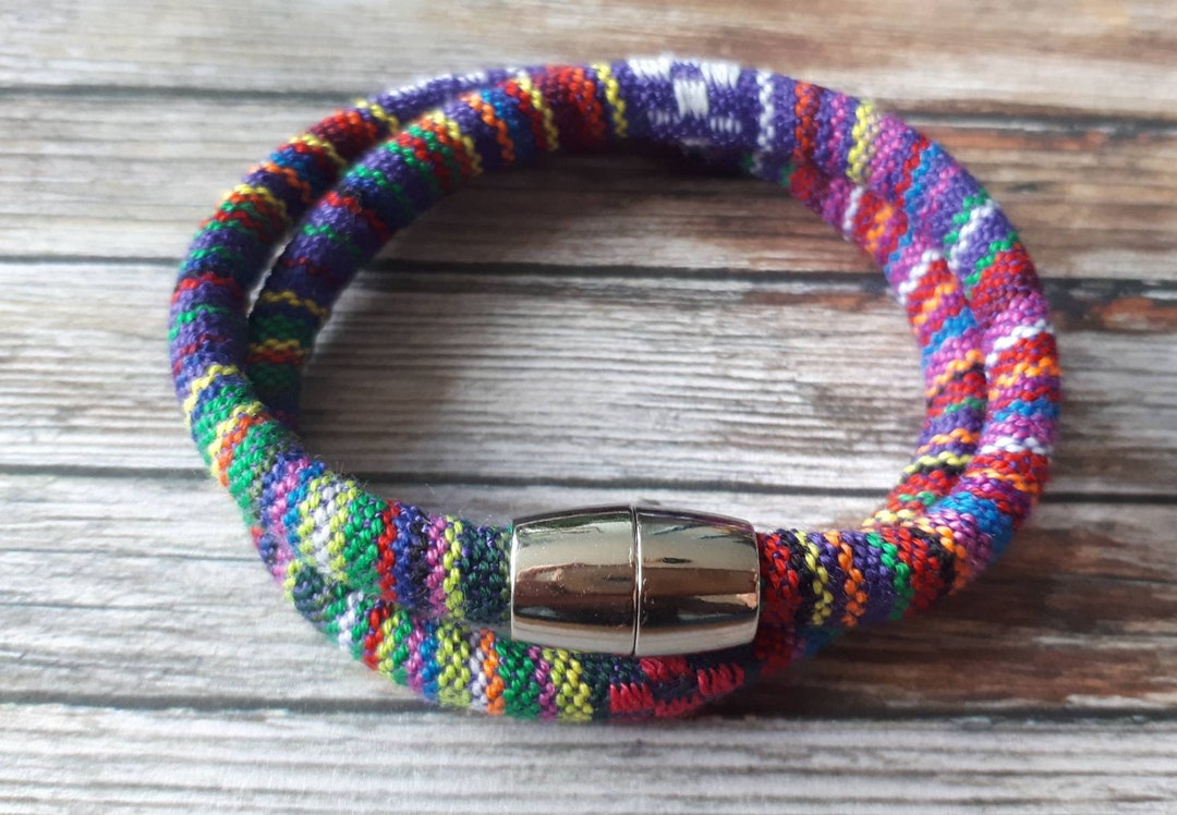 Peruvian Manta Fabric Bracelet Round Wrap Bracelet With Silver Magnetic ...