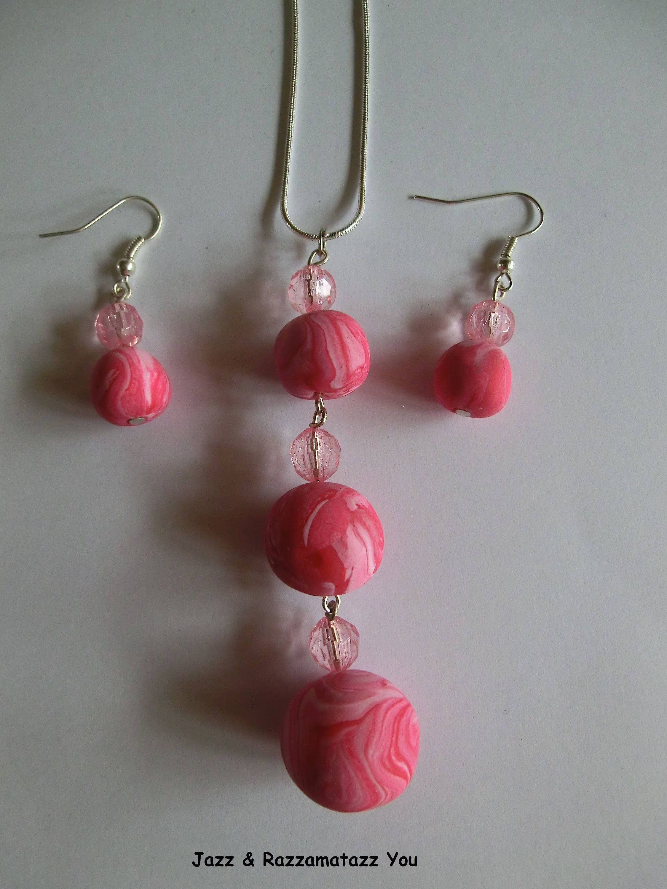 Handcrafted Pink Marble Fimo Bead Necklace and Earring Set - Etsy