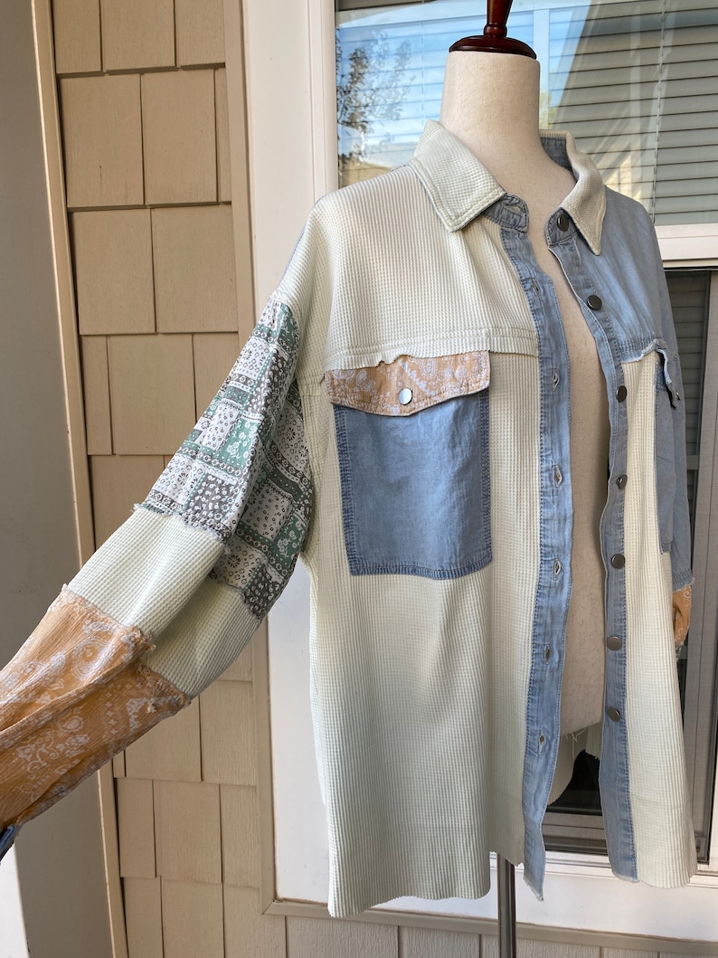 Lightweight Summer Jacket, Plus Size Shacket, Patchwork Denim Shirt,refashioned Shirt, Hippie ...