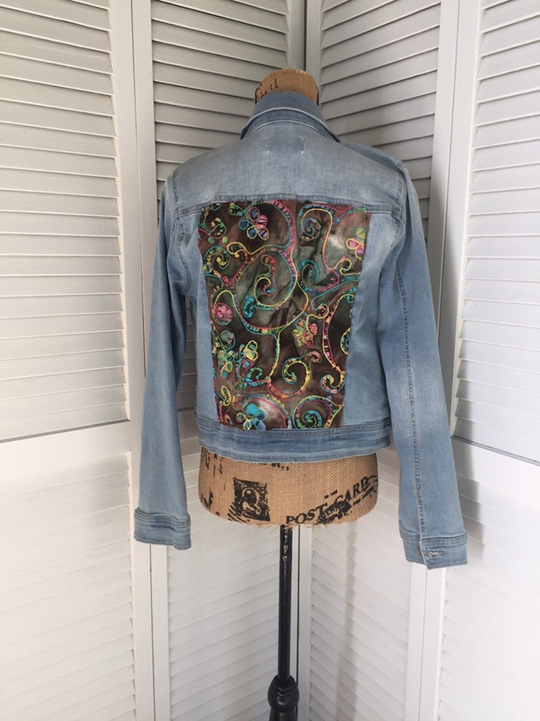 Plus Size Embellished Denim Jacket With Colorful Scroll Pattern With ...