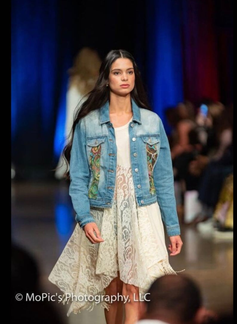 Plus Size Embellished Denim Jacket With Colorful Scroll Pattern With ...