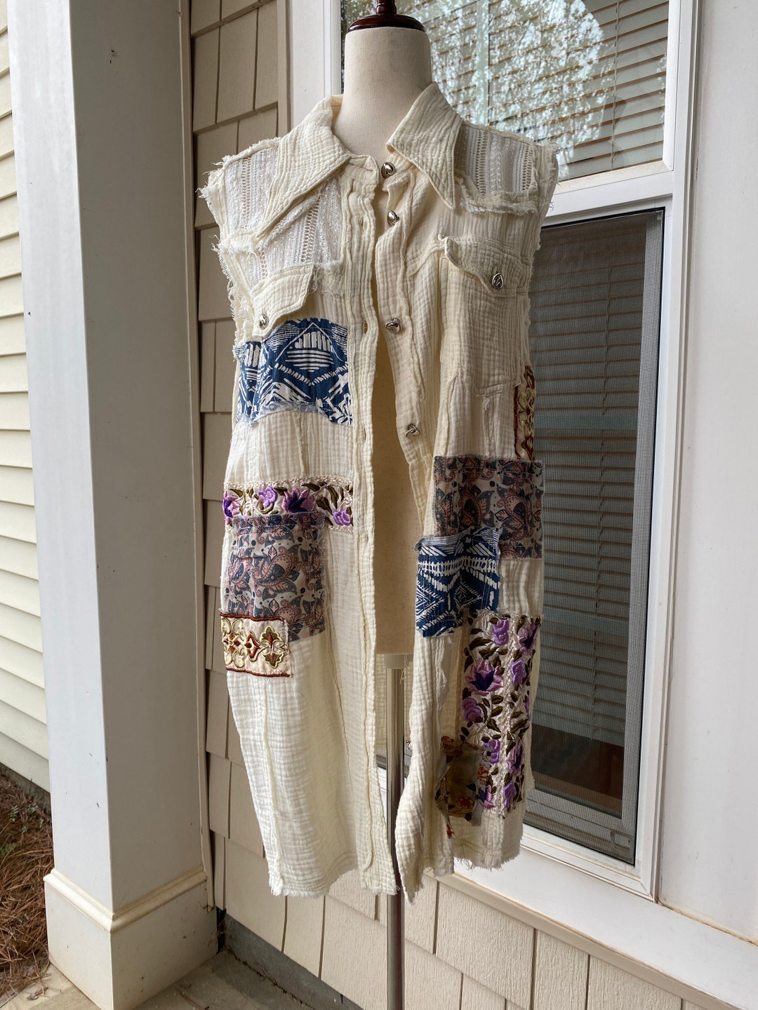 Patchwork Vest, Boho Chic Vest, White Vintage Vest, Festival Style Vest ...