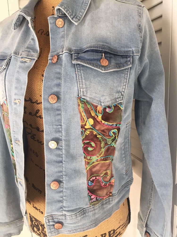 Plus Size Embellished Denim Jacket With Colorful Scroll Pattern With ...